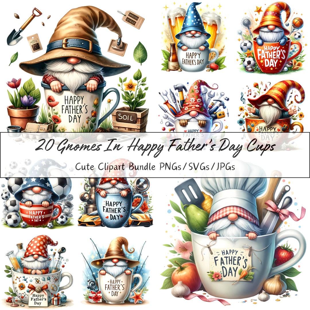 Cute Gnomes in Happy Father's Day Cups Clipart Bundle, Watercolor Clip ...