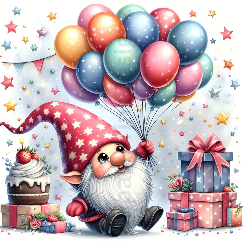 Cute Birthday Gnomes Clipart Bundle, Festive Watercolor Clip Art Images ...