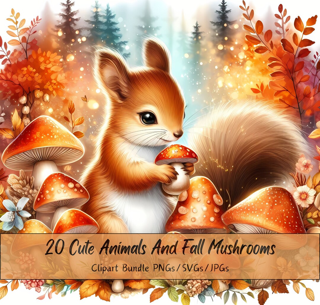 Cute Animals and Fall Mushrooms, Clipart Bundle, Watercolor Animal Clip ...