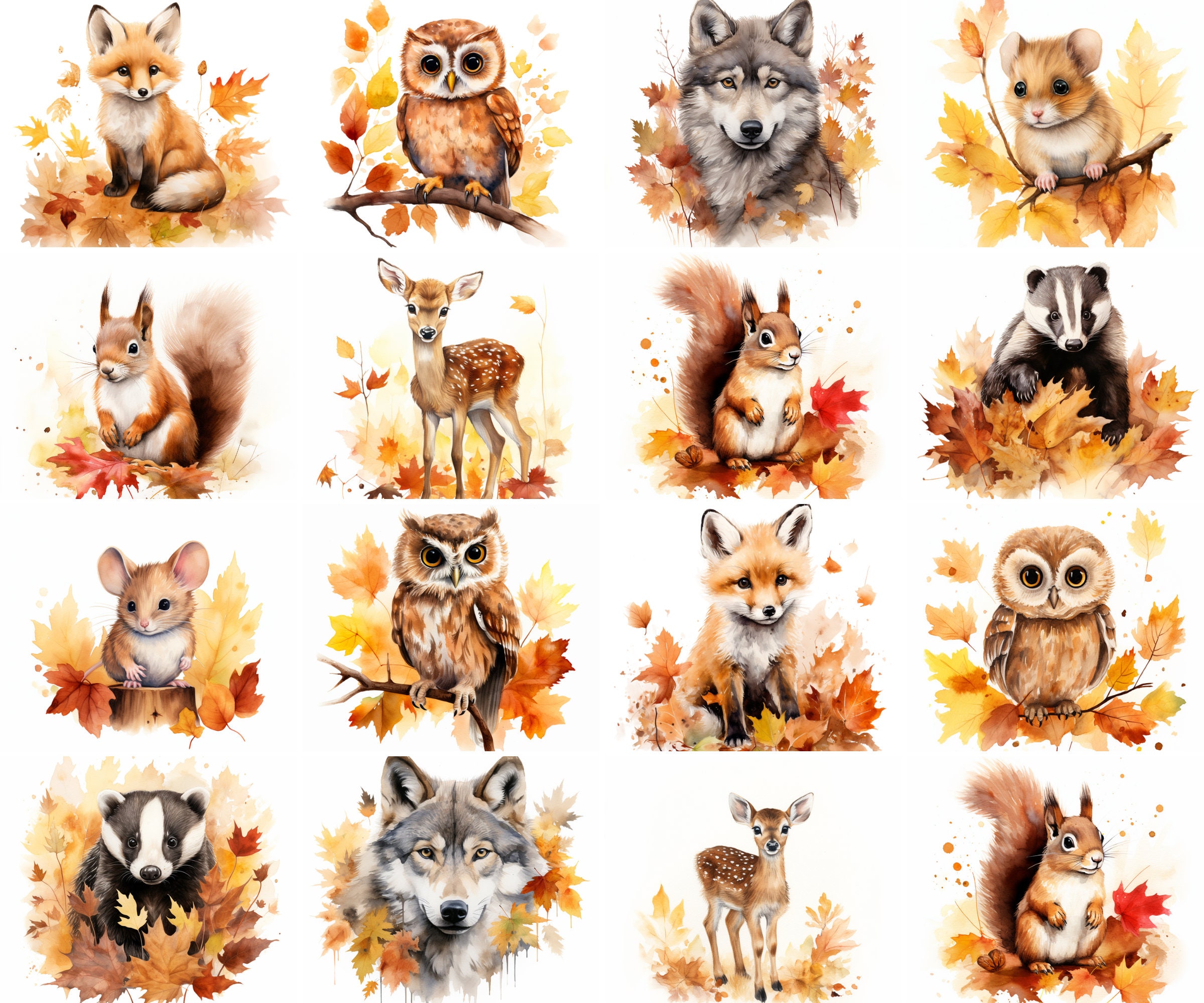 100 Watercolor Fall Clipart Bundle Cute Baby Fall Animals - Etsy
