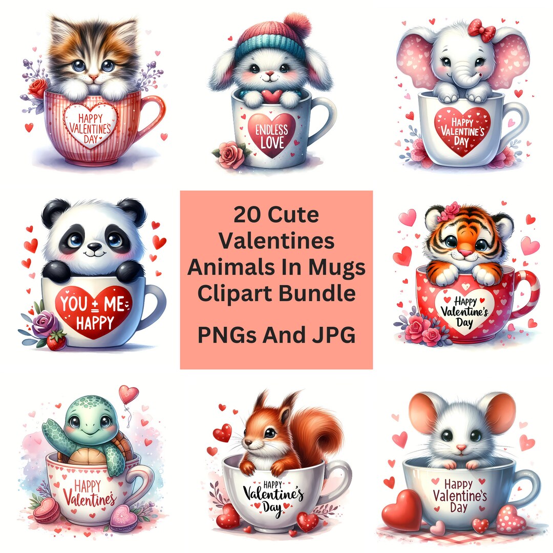 Cute Valentines Animals in Mugs Clipart Bundle, Festive Watercolor Clip ...