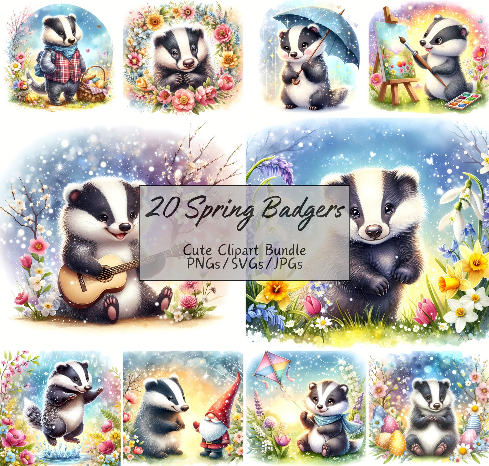 Cute Spring Badgers Clipart Bundle, Watercolor Clip Art Images, High ...