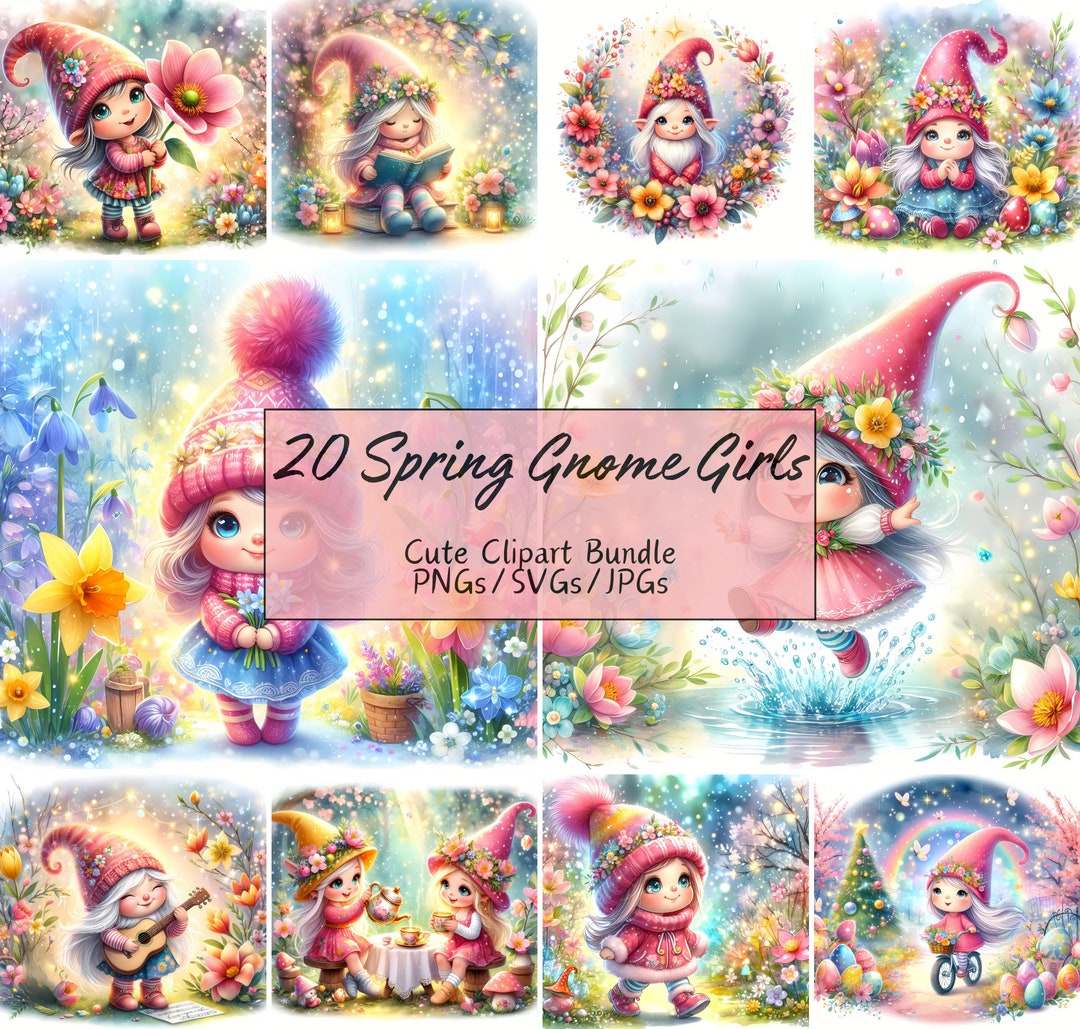 Cute Spring Girl Gnomes Clipart Bundle, Watercolor Clip Art Images, 20 ...