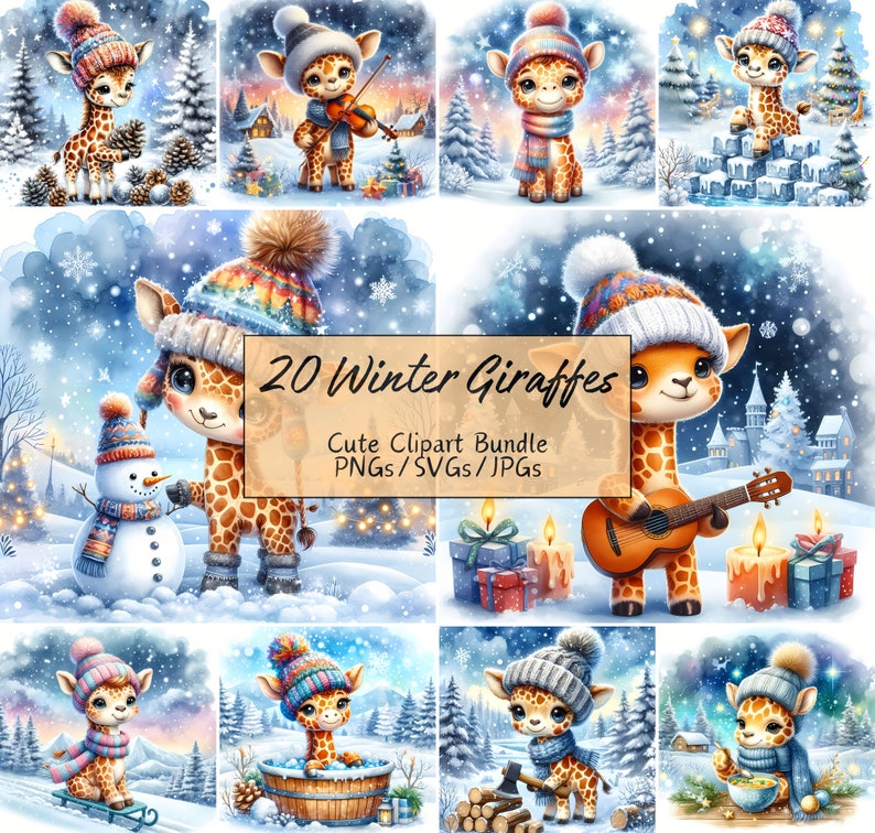 Cute Winter Giraffe Clipart Bundle, Festive Watercolor Clip Art Images ...