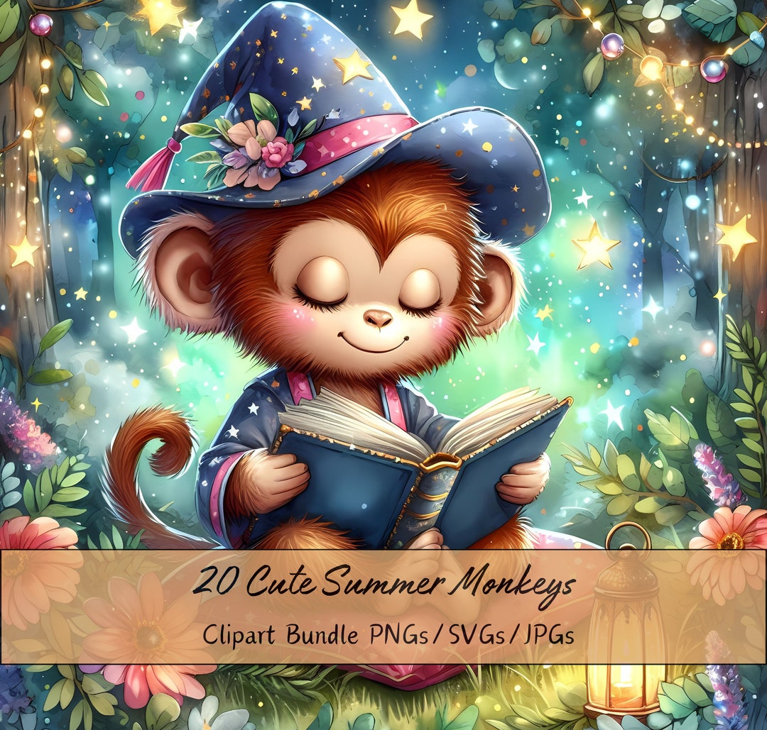 Cute Summer Monkeys Clipart Bundle, Watercolor Monkey Clip Art Images ...