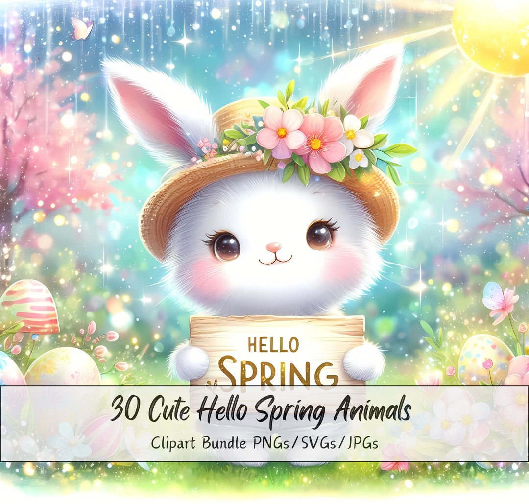 Cute Hello Spring Animals Clipart Bundle, Watercolor Clip Art Images ...
