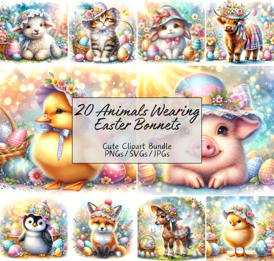 Cute Animals Wearing Easter Bonnets Clipart, High Quality Watercolor ...