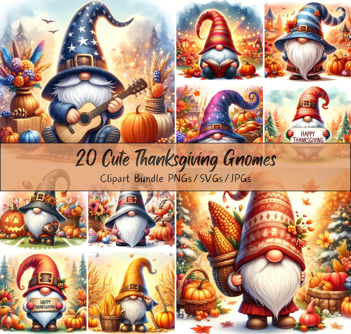Happy Thanksgiving Gnomes Clipart Bundle, Watercolor Gnome Clip Art ...