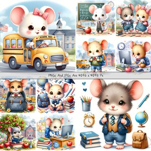 Cute Back to School Mouse Clipart Bundle, Watercolor Mice Clip Art ...