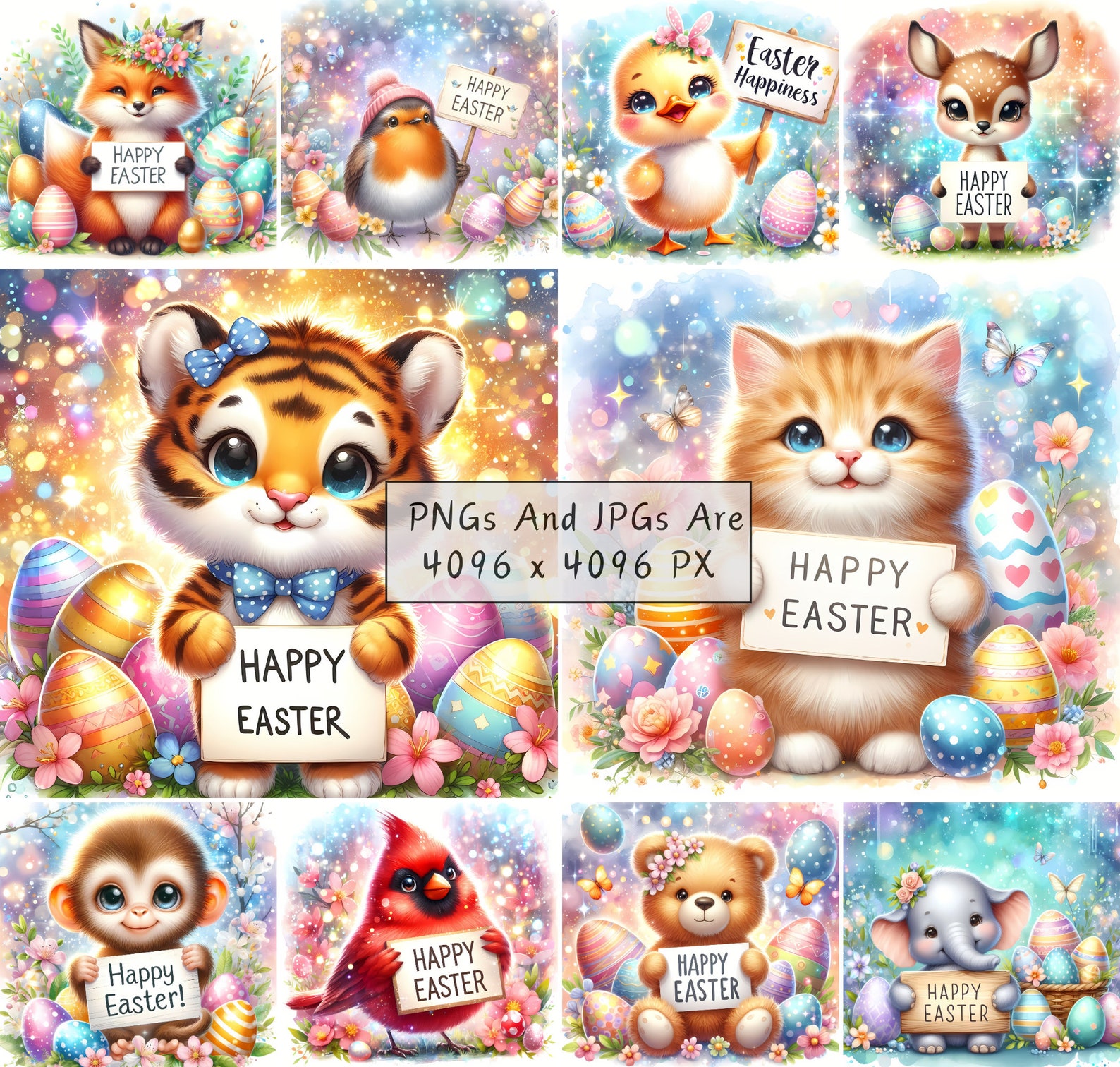 Cute Happy Easter Animals Clipart Bundle, Festive Watercolor Clip Art ...