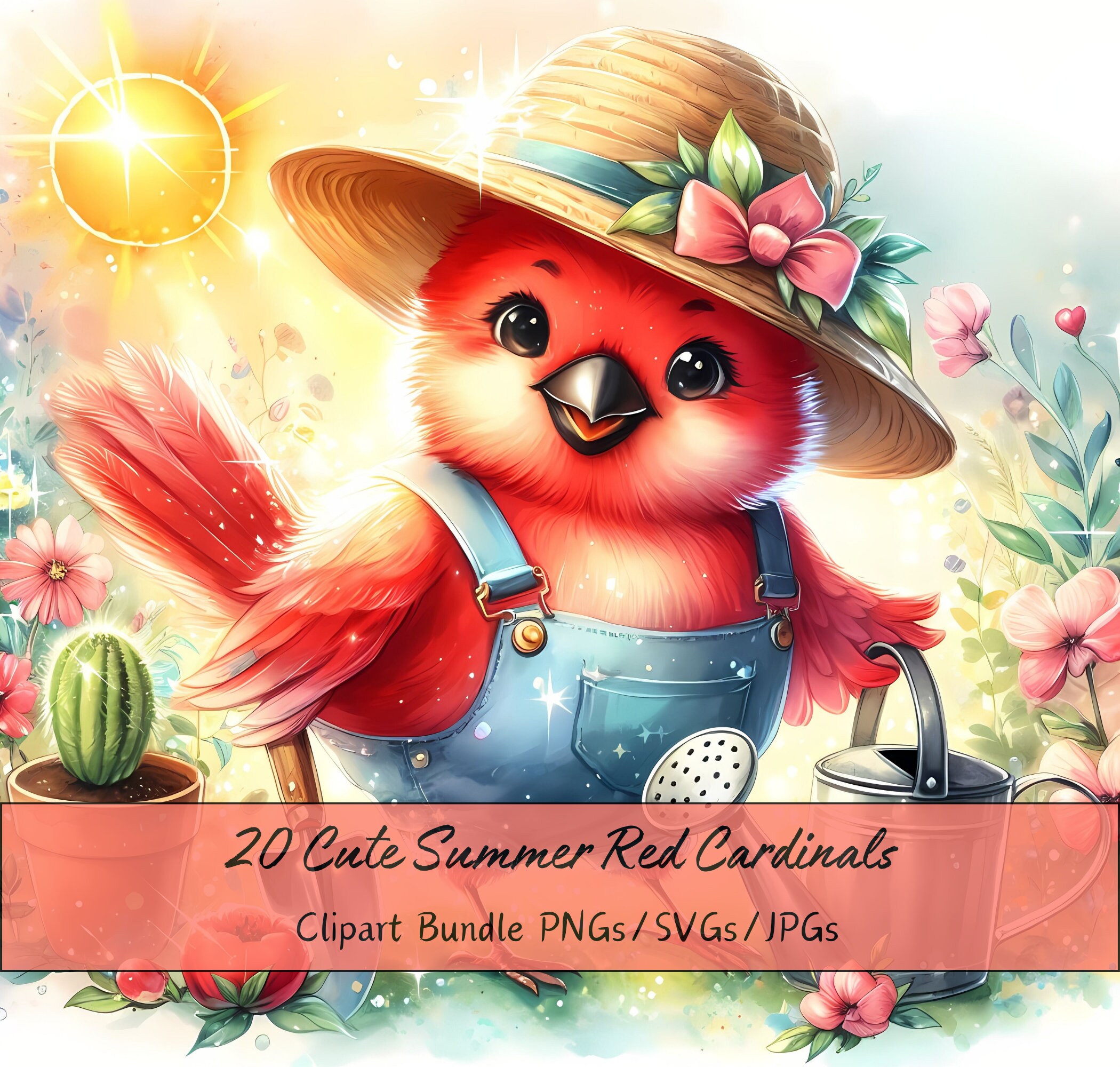 Cute Summer Red Cardinals Clipart Bundle, Watercolor Red Cardinal Clip ...