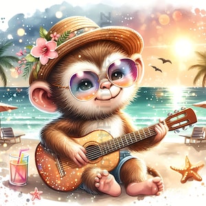 Cute Summer Monkeys Clipart Bundle, Watercolor Monkey Clip Art Images ...