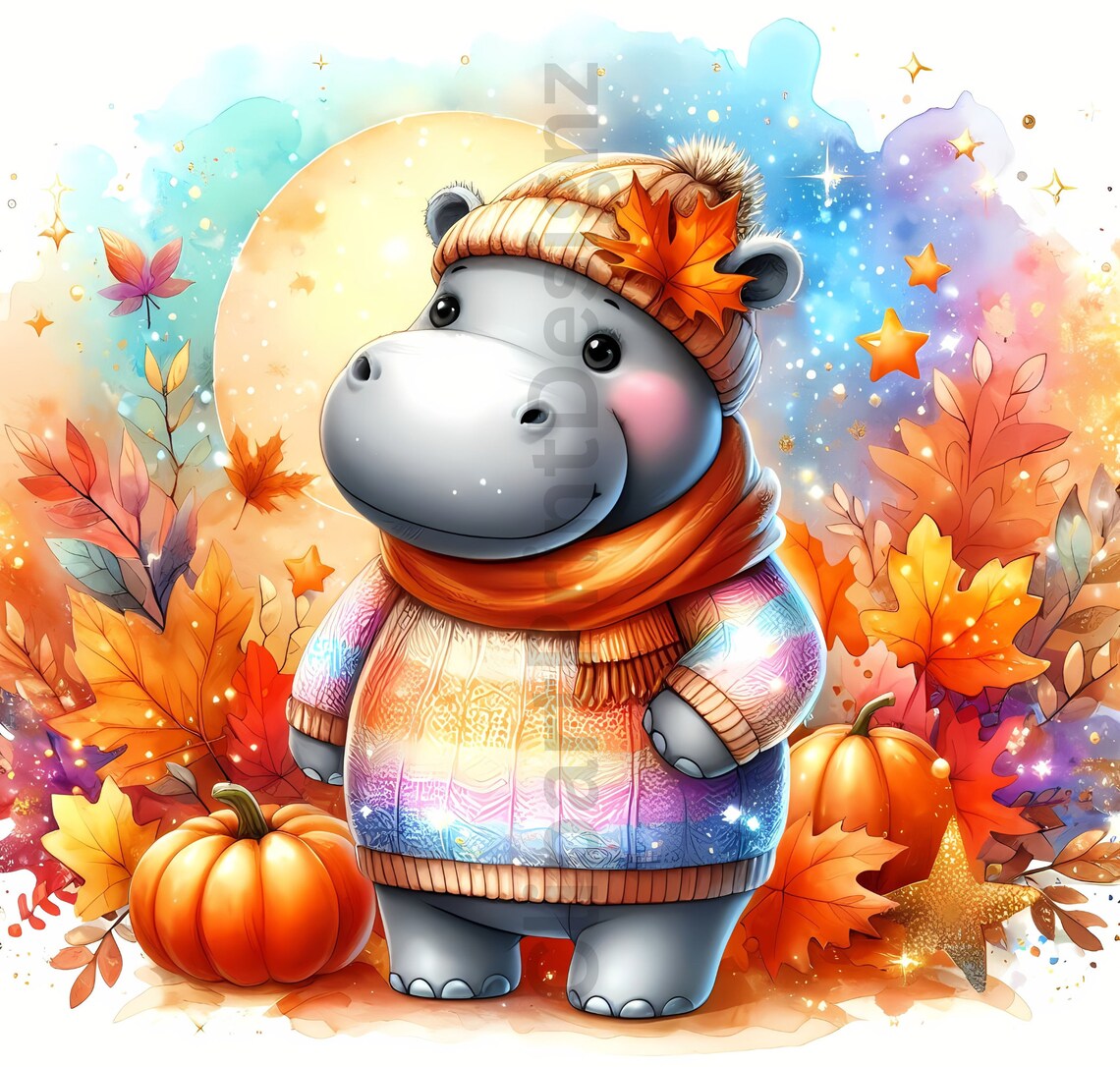Cute Fall Hippopotamuses Clipart Bundle, Watercolor Hippos Clip Art ...