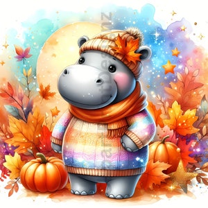 Cute Fall Hippopotamuses Clipart Bundle, Watercolor Hippos Clip Art ...