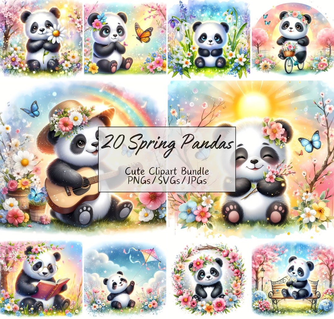 Cute Spring Pandas Clipart Bundle, Watercolor Clip Art Images, High ...