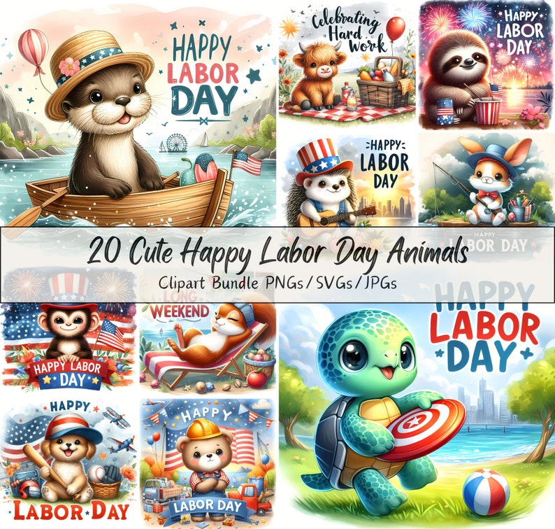 Cute Labor Day Animals Clipart Bundle, Watercolor Patriotic Files ...