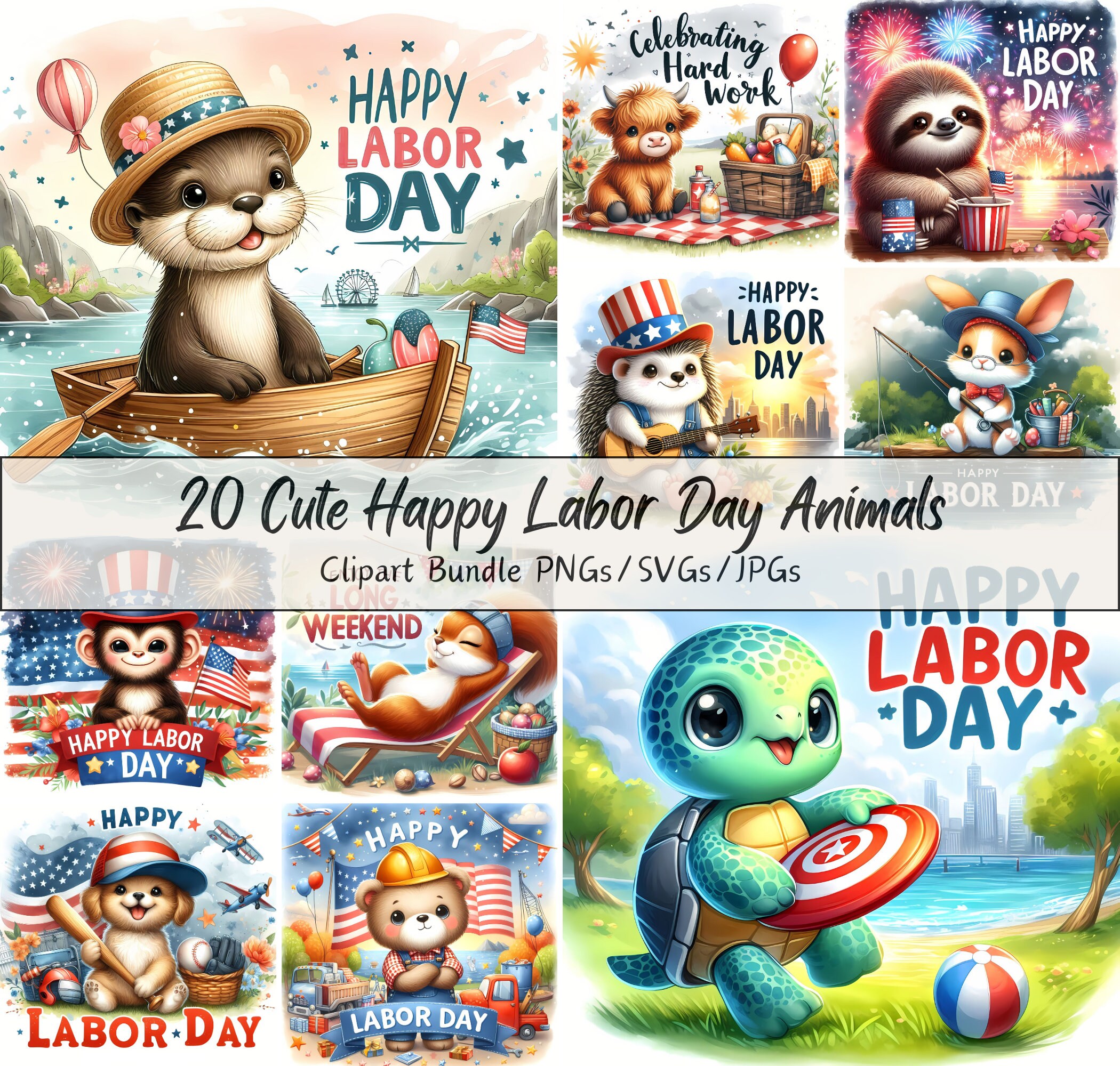 Cute Labor Day Animals Clipart Bundle, Watercolor Patriotic Files ...