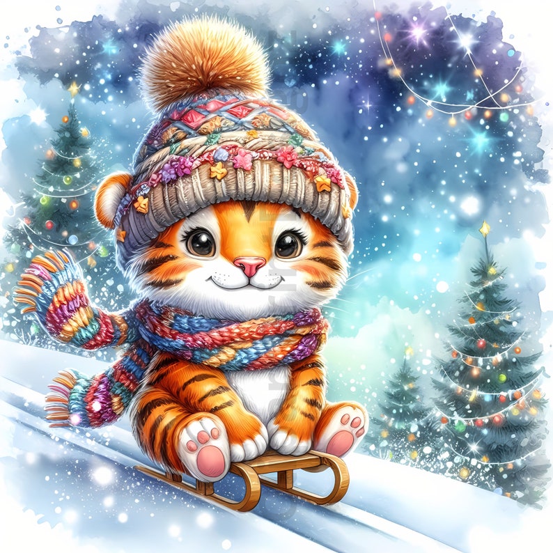 Cute Winter Tiger Clipart Bundle, Festive Watercolor Clip Art Images ...