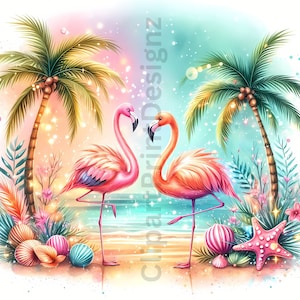 Cute Summer Flamingos Clipart Bundle, Watercolor Flamingo Clip Art ...