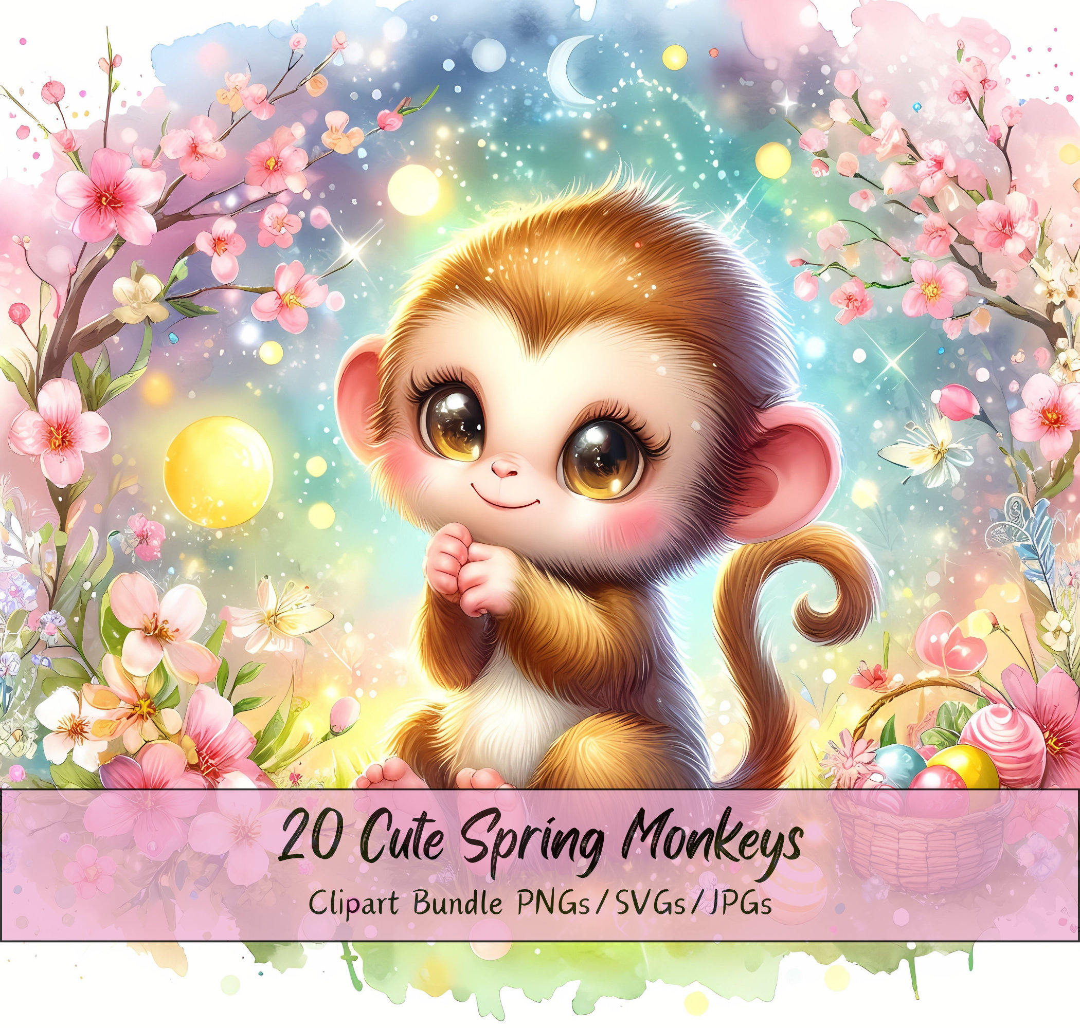Cute Spring Monkeys Clipart Bundle, Watercolor Clip Art Images, 20 High ...