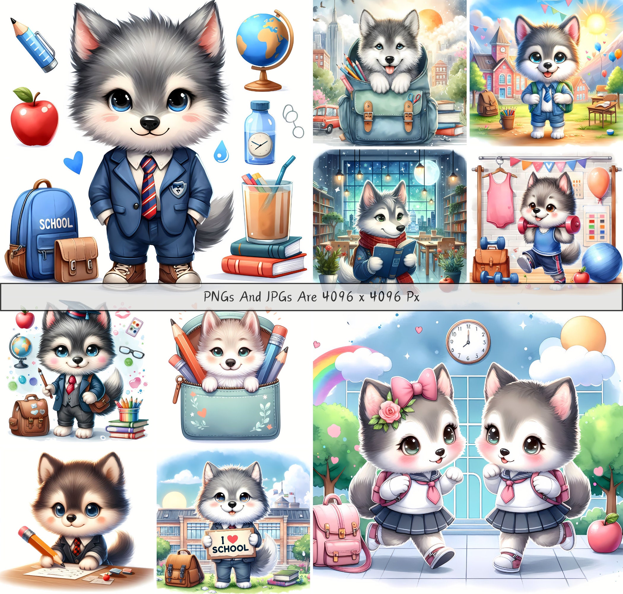 Cute Back to School Wolves Clipart Bundle, Watercolor Wolf Clip Art ...