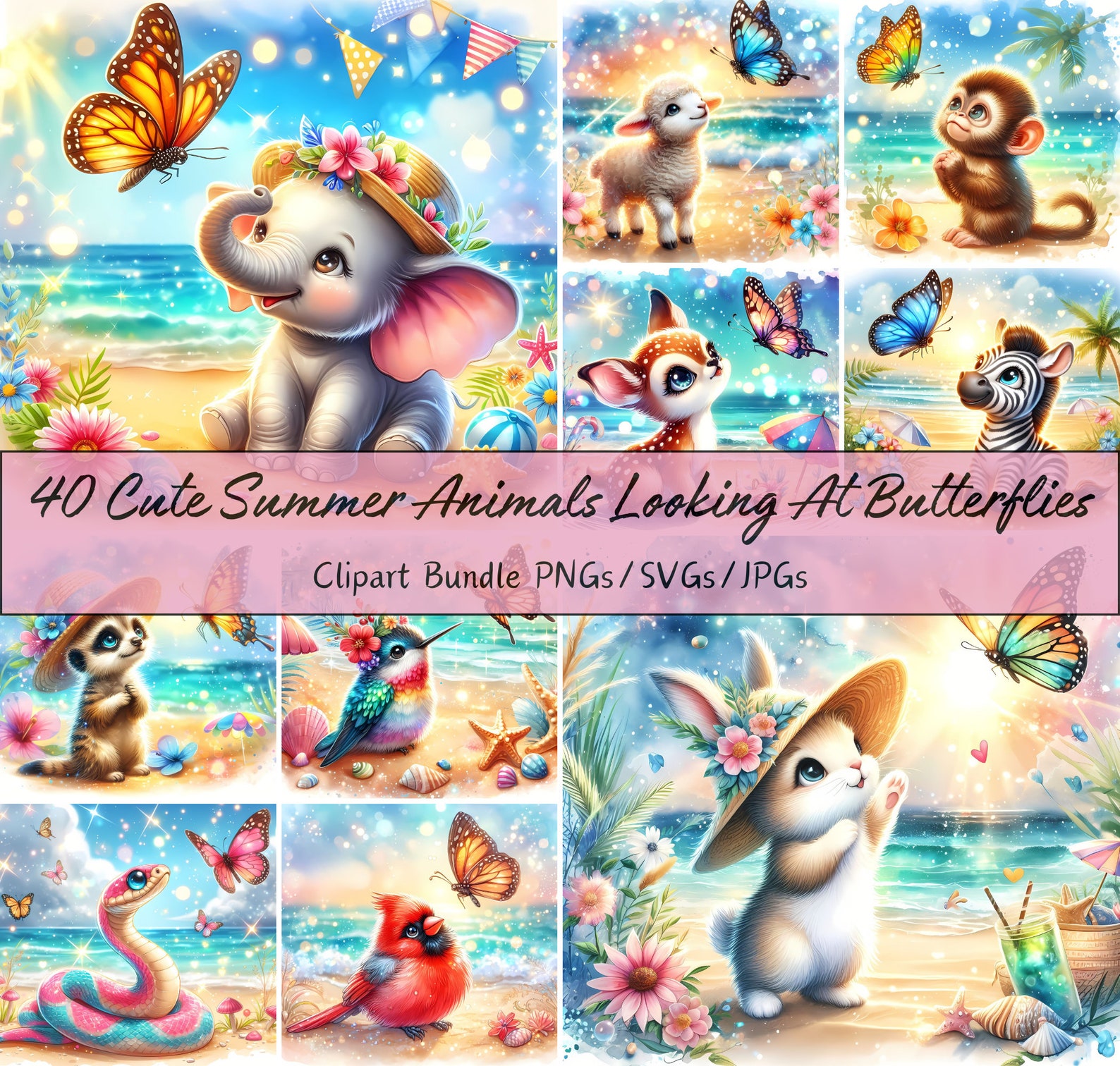 Cute Summer Animals and Butterflies Clipart Bundle, Watercolor Clip Art ...