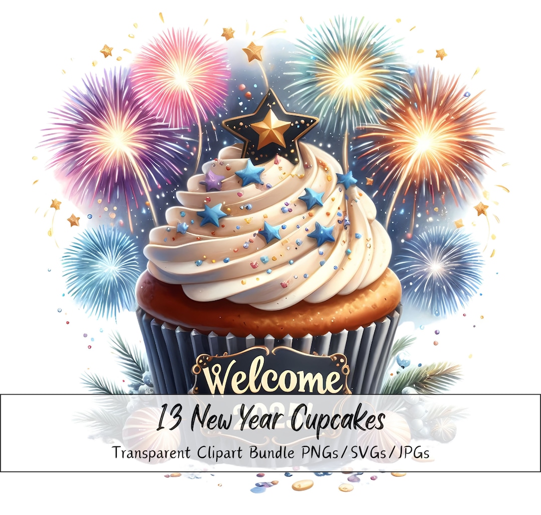 New Year Cupcakes Clipart Bundle, Year's Eve Watercolor Clip Art Images ...