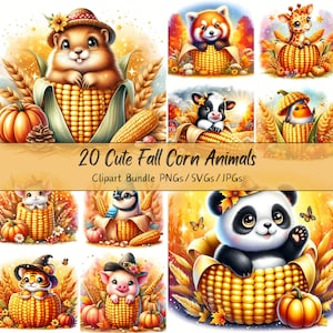Cute Fall Corn Animals Clipart Bundle, Watercolor Animal Clip Art ...