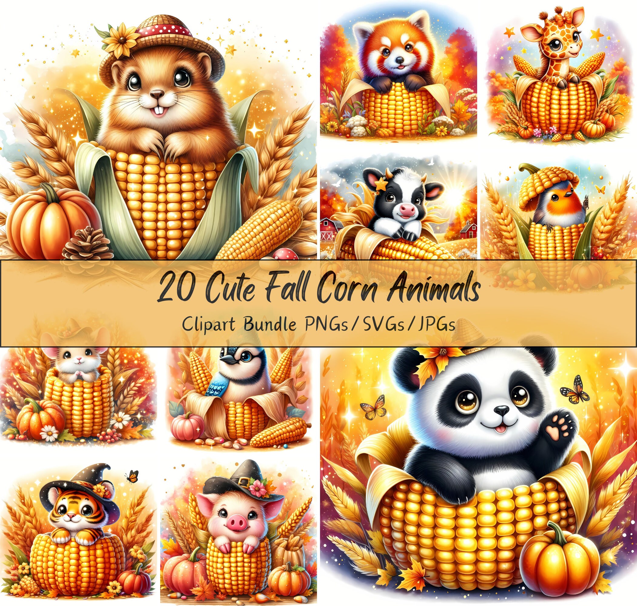 Cute Fall Corn Animals Clipart Bundle, Watercolor Animal Clip Art ...