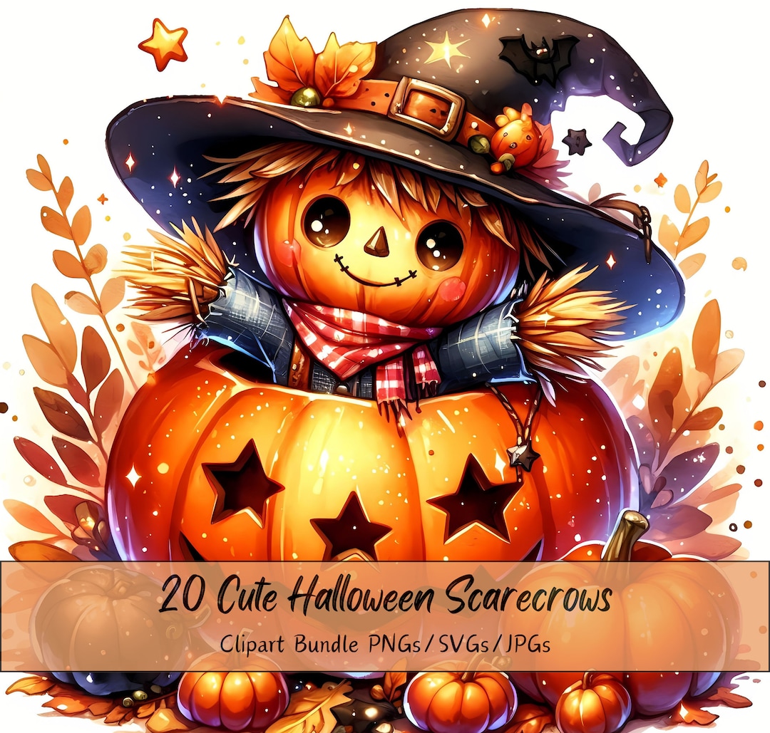 Cute Halloween Scarecrows Clipart Bundle, Watercolor Scarecrow Clip Art ...