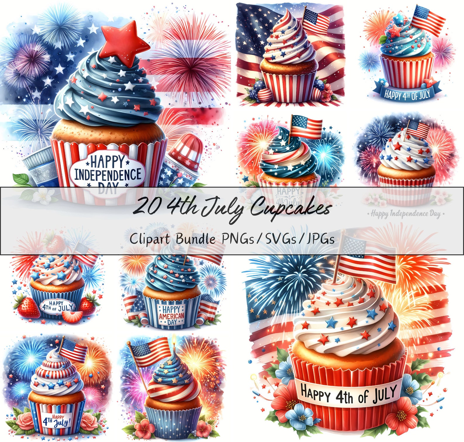 4th July Cupcakes Clipart Bundle, Watercolor Patriotic Files, High ...
