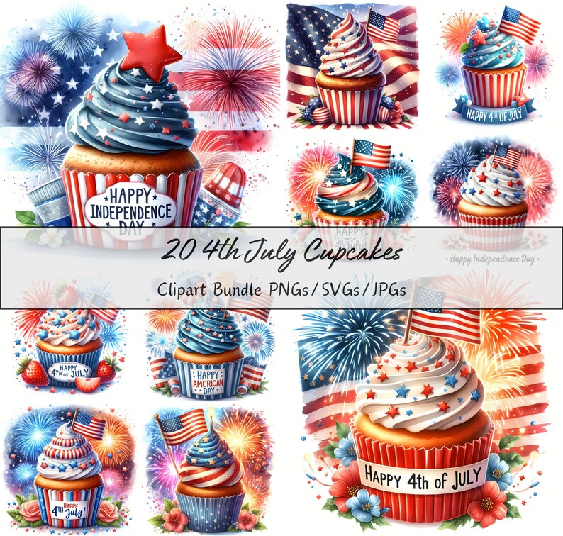 4th July Cupcakes Clipart Bundle, Watercolor Patriotic Files, High ...