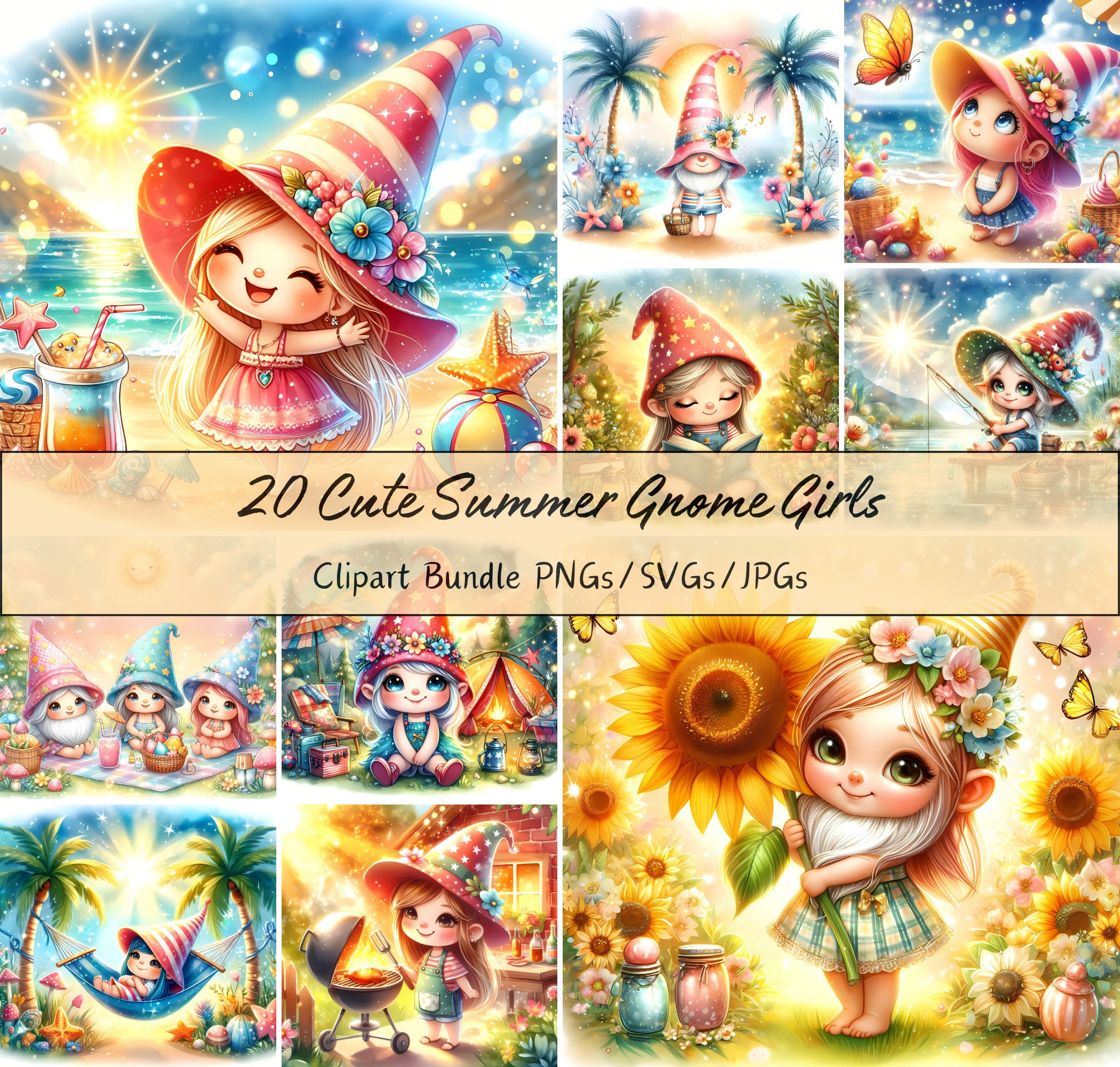Cute Summer Gnome Girls Clipart Bundle, Watercolor Gomes Clip Art ...