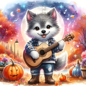 Cute Fall Wolves Clipart Bundle, Watercolor Autumn Wolf Clip Art Images ...