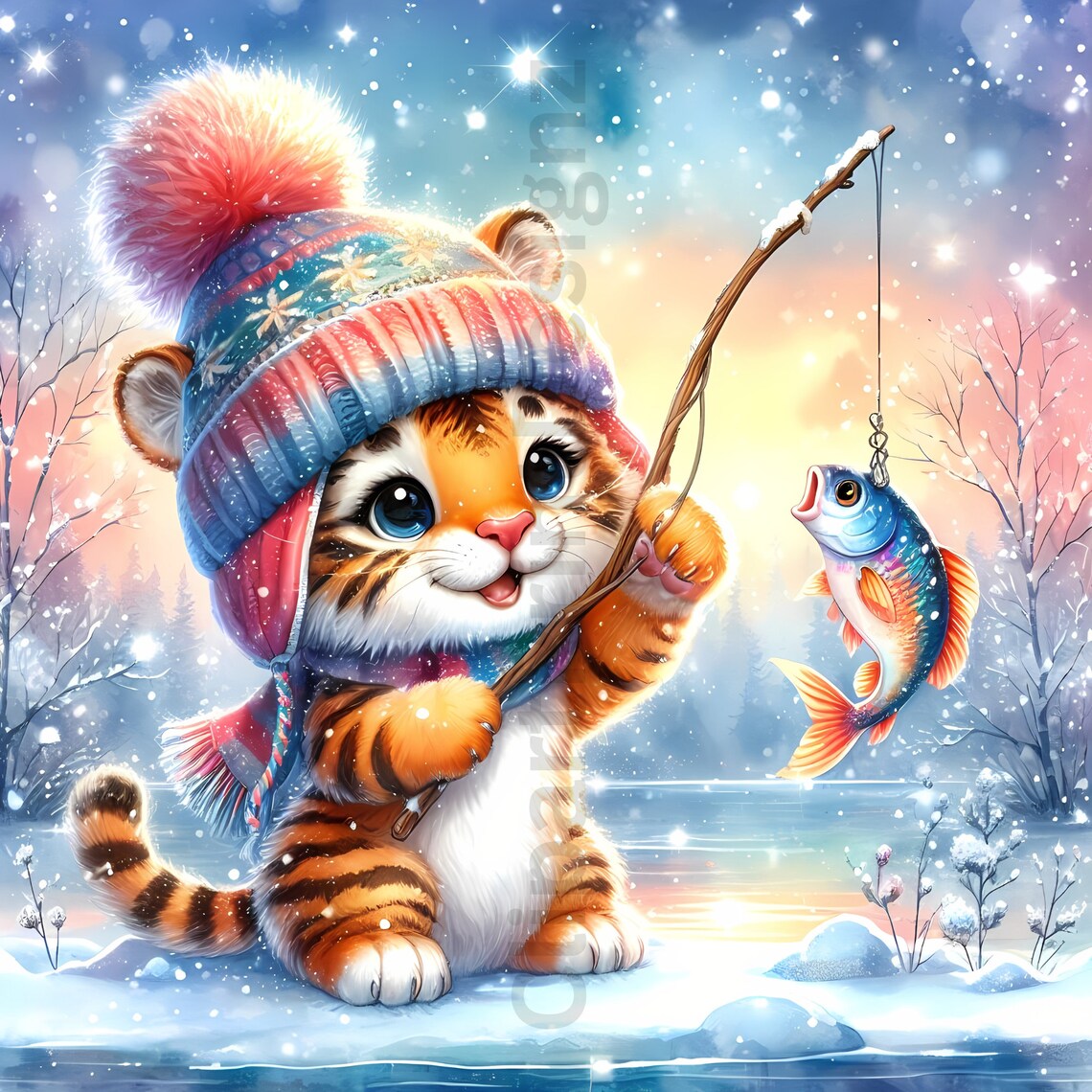 Cute Winter Tiger Clipart Bundle, Festive Watercolor Clip Art Images ...