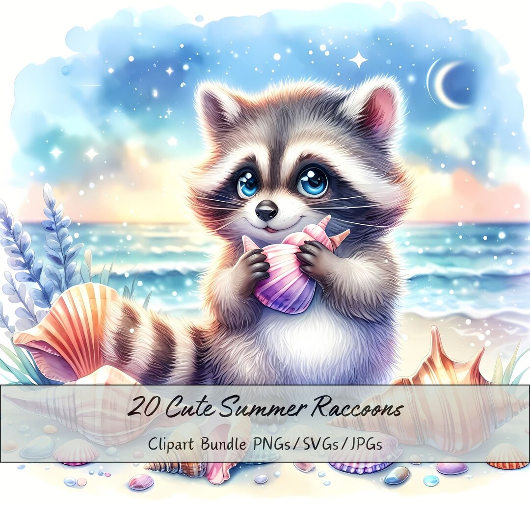 Cute Summer Raccoons Clipart Bundle, Watercolor Raccoon Clip Art Images ...