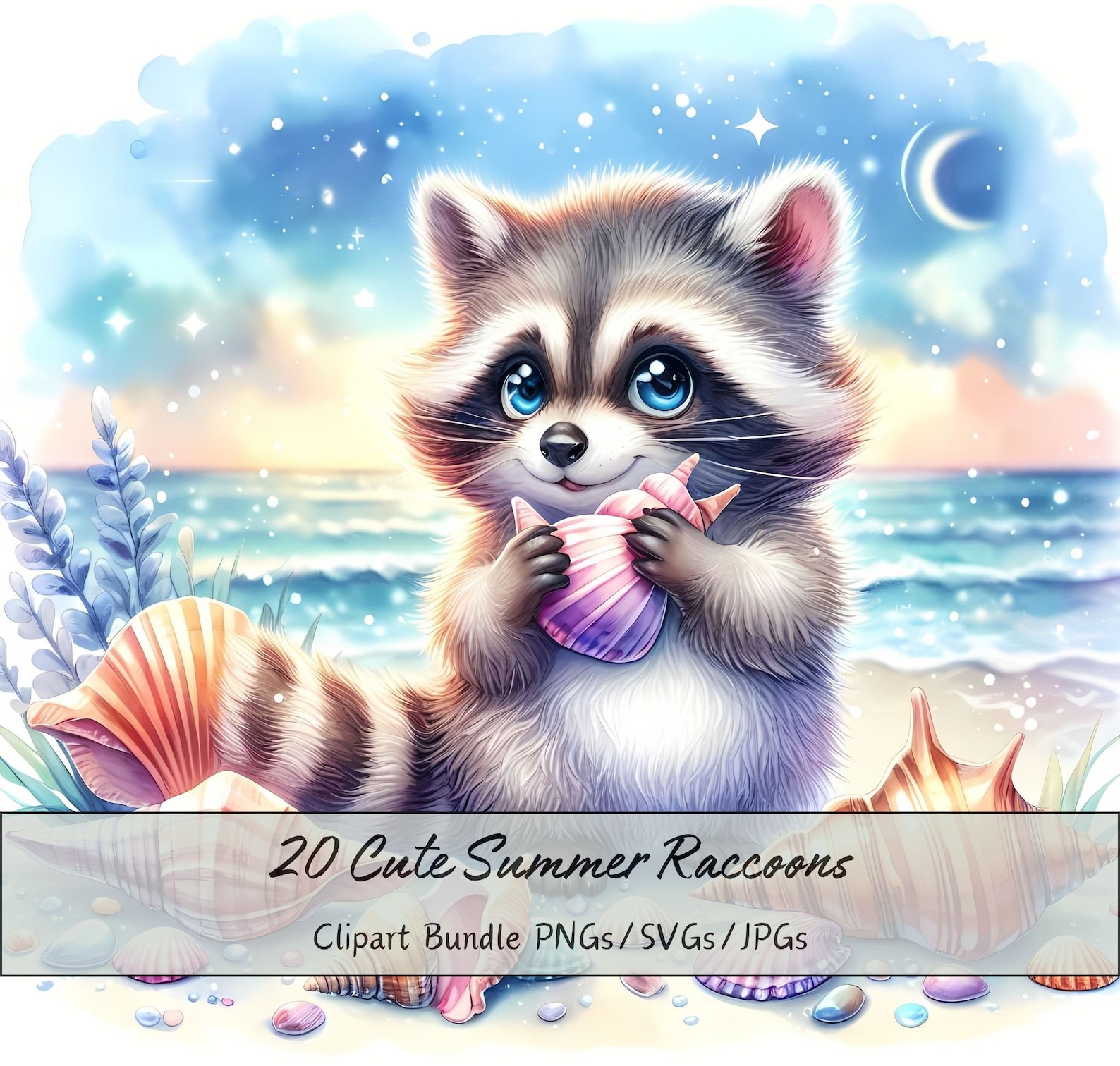 Cute Summer Raccoons Clipart Bundle, Watercolor Raccoon Clip Art Images ...