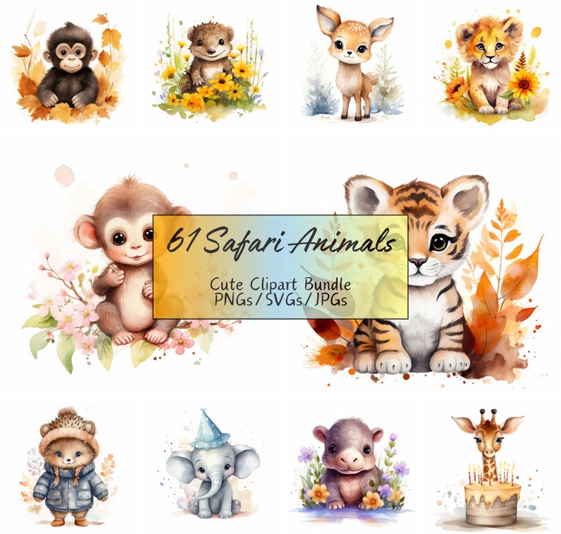 Mega Baby Safari Animals Clipart, Watercolor Nursery Bundle, Spring ...