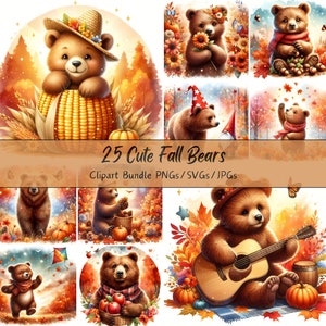 Cute Fall Bears Clipart Bundle, Watercolor Autumn Bear Clip Art Images ...