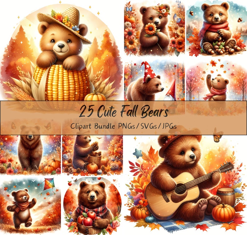 Cute Fall Bears Clipart Bundle, Watercolor Autumn Bear Clip Art Images ...