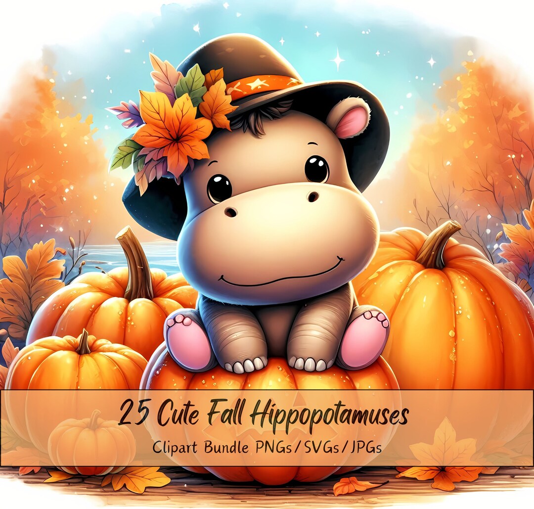 Cute Fall Hippopotamuses Clipart Bundle, Watercolor Hippos Clip Art ...