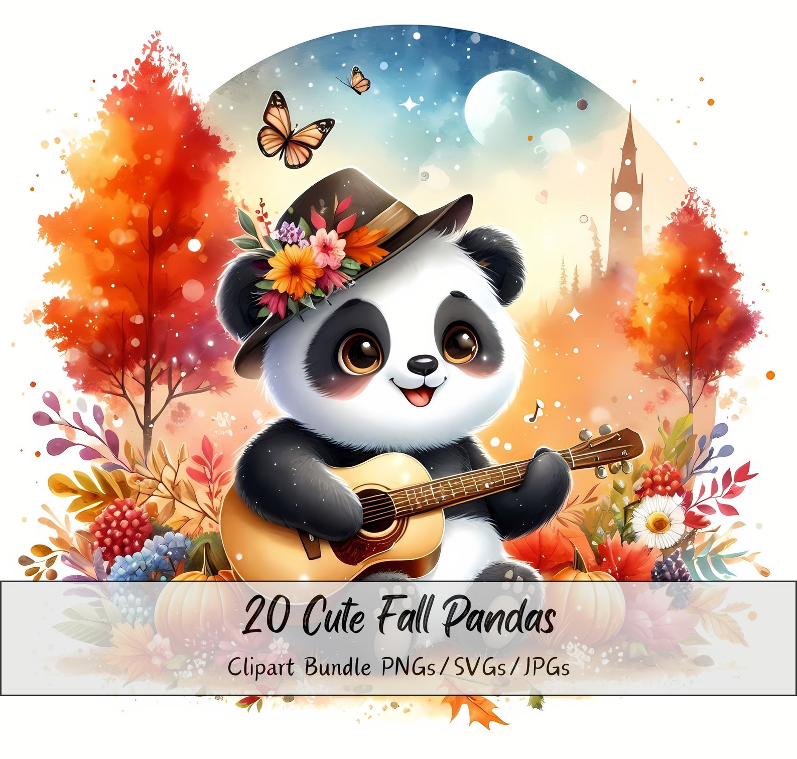 Cute Fall Pandas Clipart Bundle, Watercolor Panda Clip Art Images, High ...