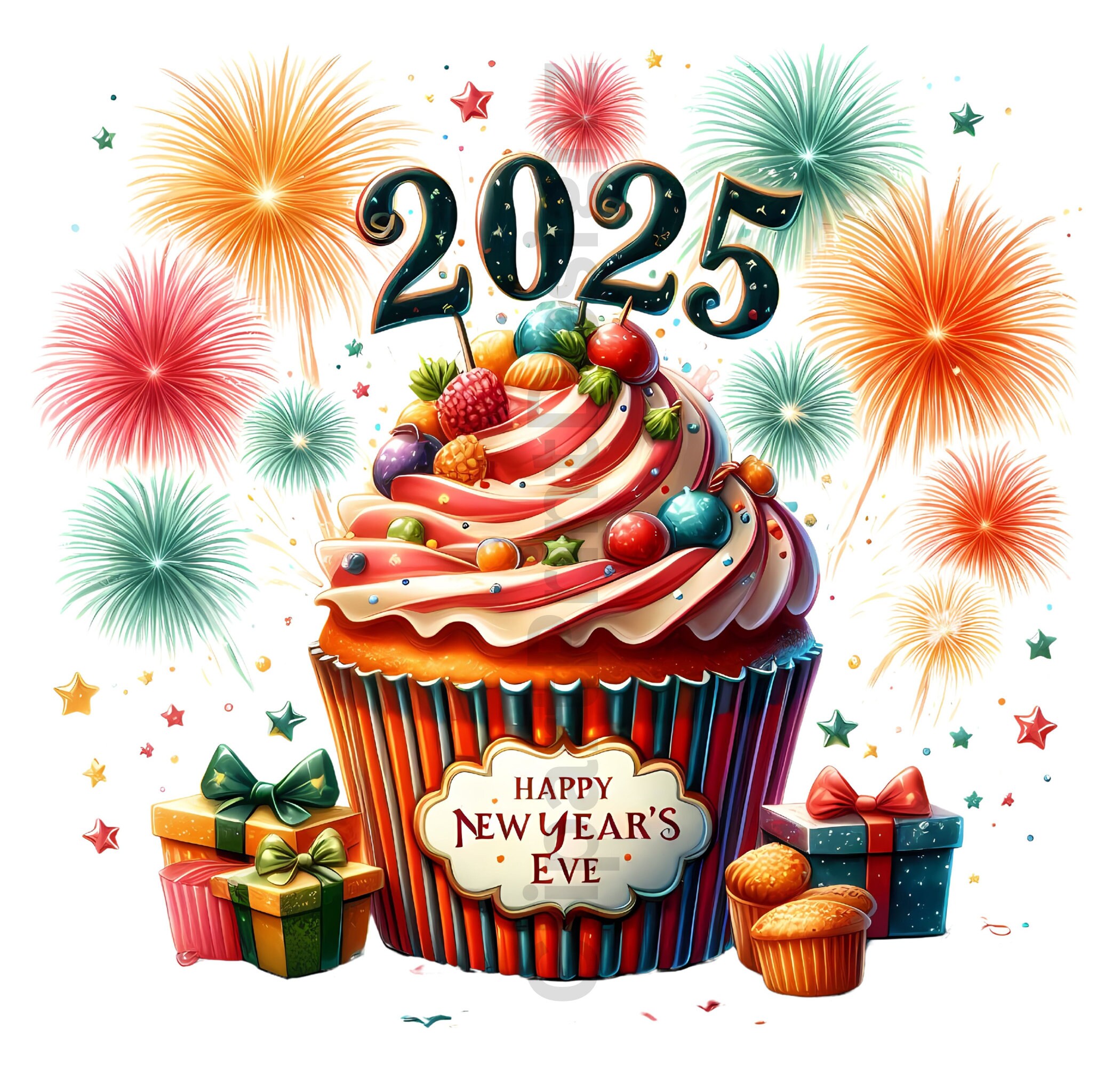 New Year Cupcakes Clipart Bundle, Year's Eve Watercolor Clip Art Images ...