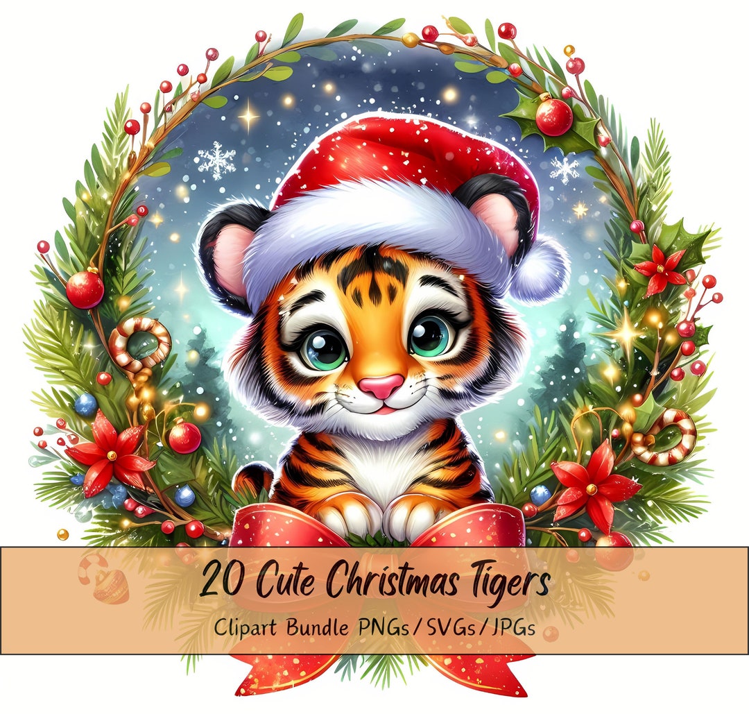 Cute Christmas Tigers Clipart Bundle, Xmas Tiger Clip Art Images ...