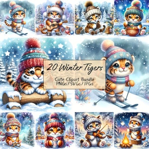 Cute Winter Tiger Clipart Bundle, Festive Watercolor Clip Art Images ...