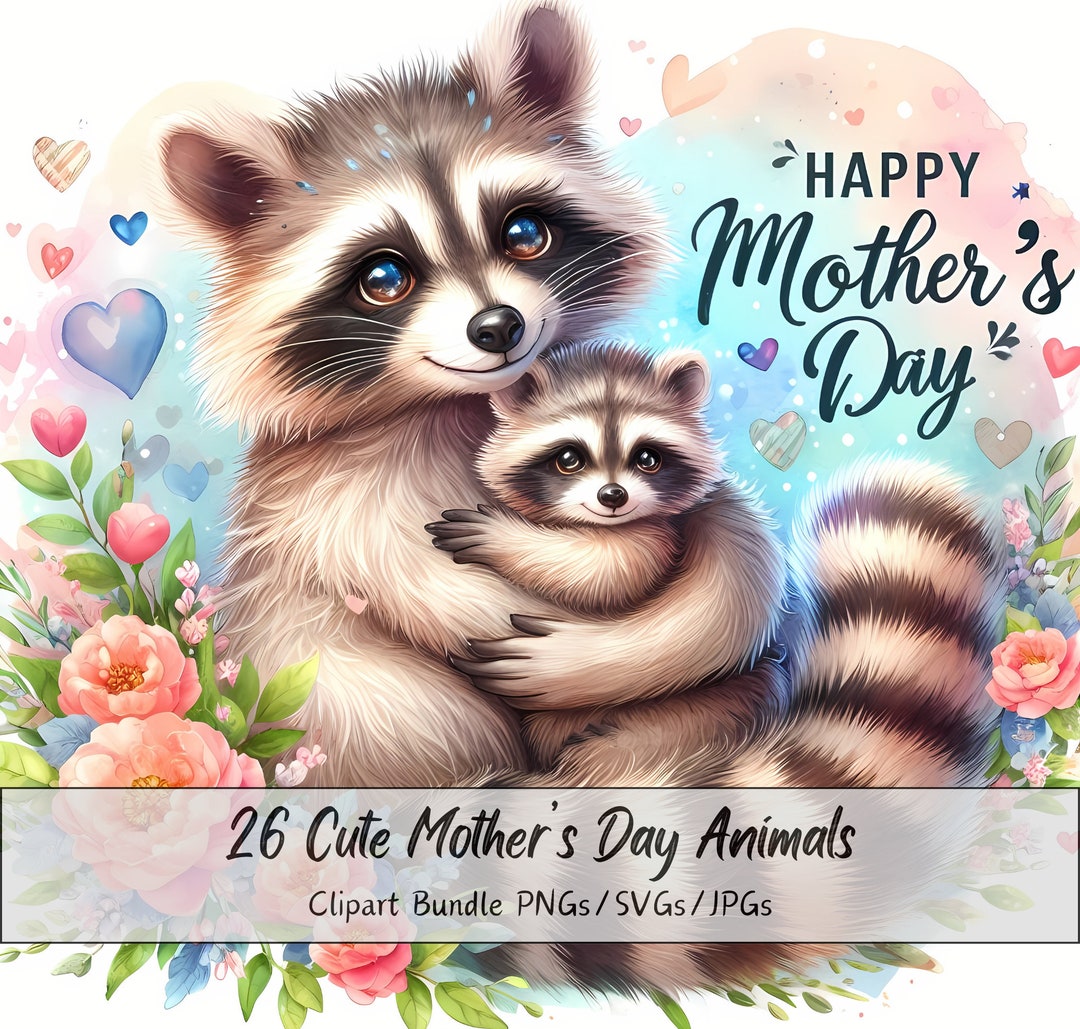 Cute Happy Mothers Day Animals Clipart Bundle, Festive Watercolor Clip ...