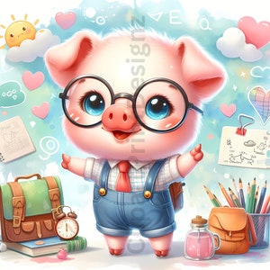 Cute Back to School Pigs Clipart Bundle, Watercolor Pig Clip Art Images ...