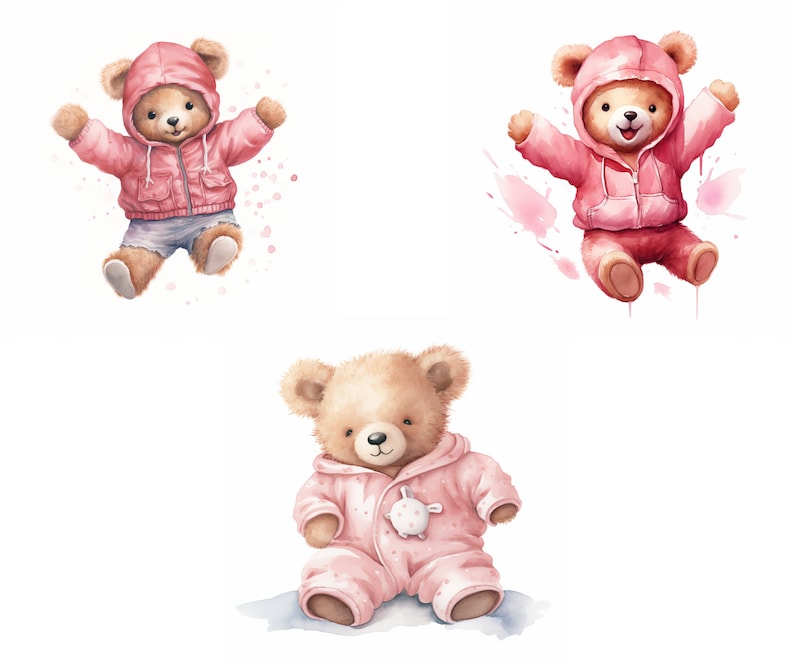 Pink Watercolor Teddy Bear Clipart Bundle, Cute Baby Shower Clipart ...