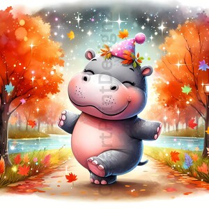 Cute Fall Hippopotamuses Clipart Bundle, Watercolor Hippos Clip Art ...
