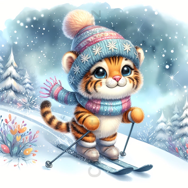 Cute Winter Tiger Clipart Bundle, Festive Watercolor Clip Art Images ...